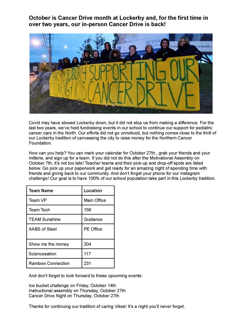 Cancer Drive - Lockerby Composite School